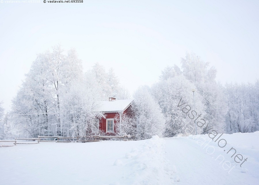 Kuva: Talvista idylliä - punainen talo mummon mökki tupa talvinen ...
