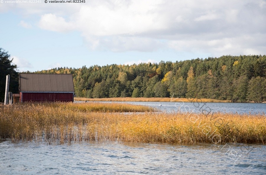 Kuva: Saariston syksyä - ranta paattihuone venehuone venevaja punainen ...